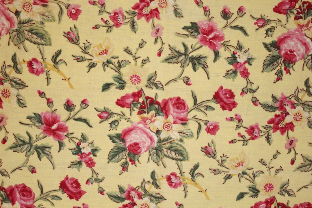 Vintage French Floral Fabric Pink Rose Flower Design on Yellow Ground ...