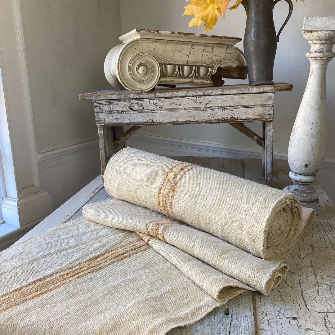 Grain Sack Fabric Antique Homespun Linen Caramel Ochre Striped Hemp by ...