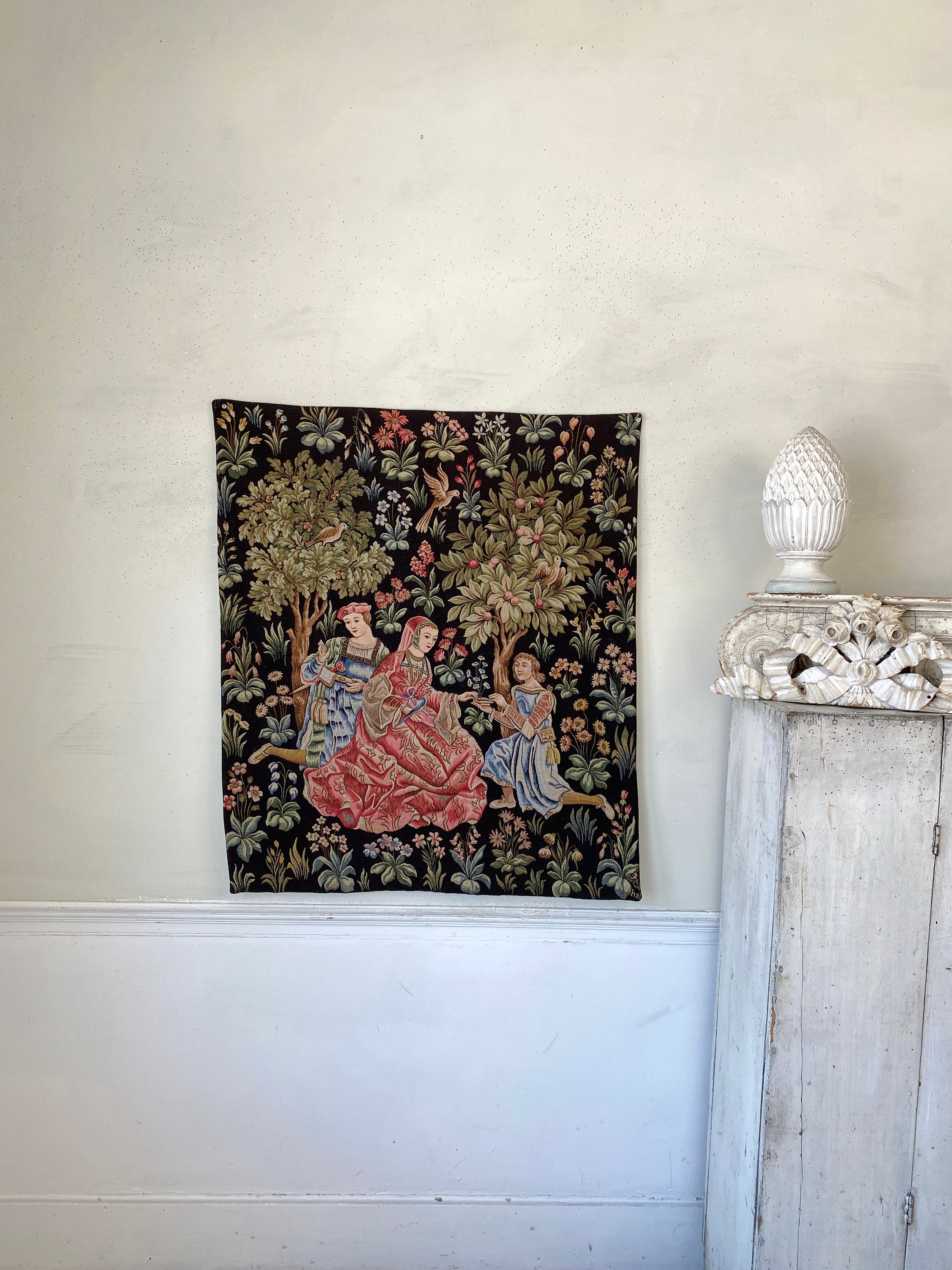 Vintage French 30 X 36 Tapestry Wool Jacquard Weave Black Mediaeval ...