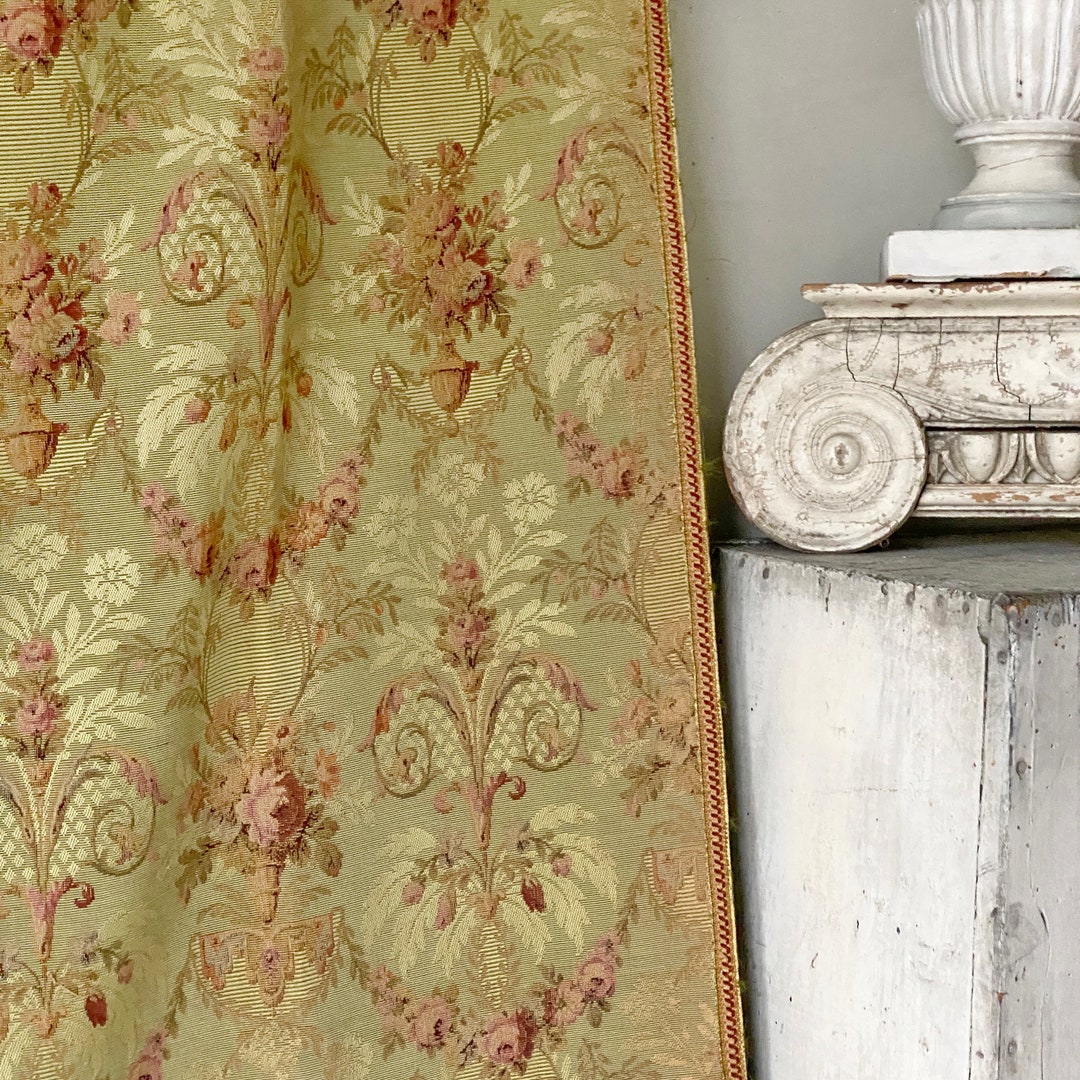 50 X 84 Antique GREEN Rococo French Silk Curtain Design C1920 Backed ...