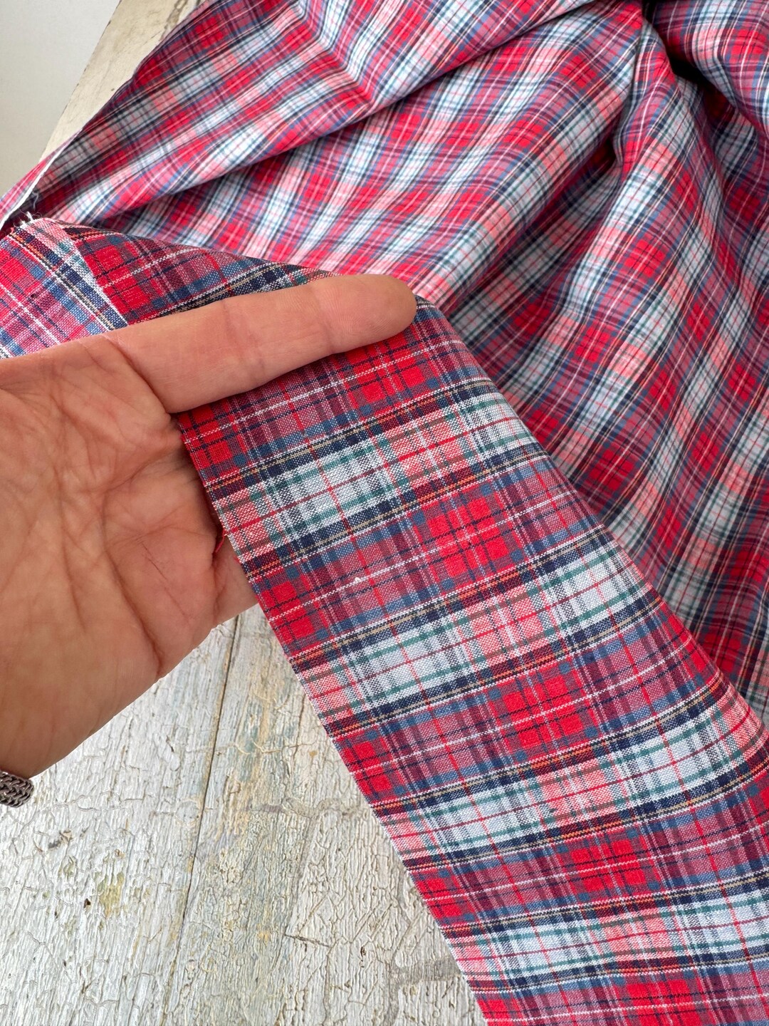 3.66 1930 UNUSED French Plaid Red Black Green Cotton Fabric Material ...