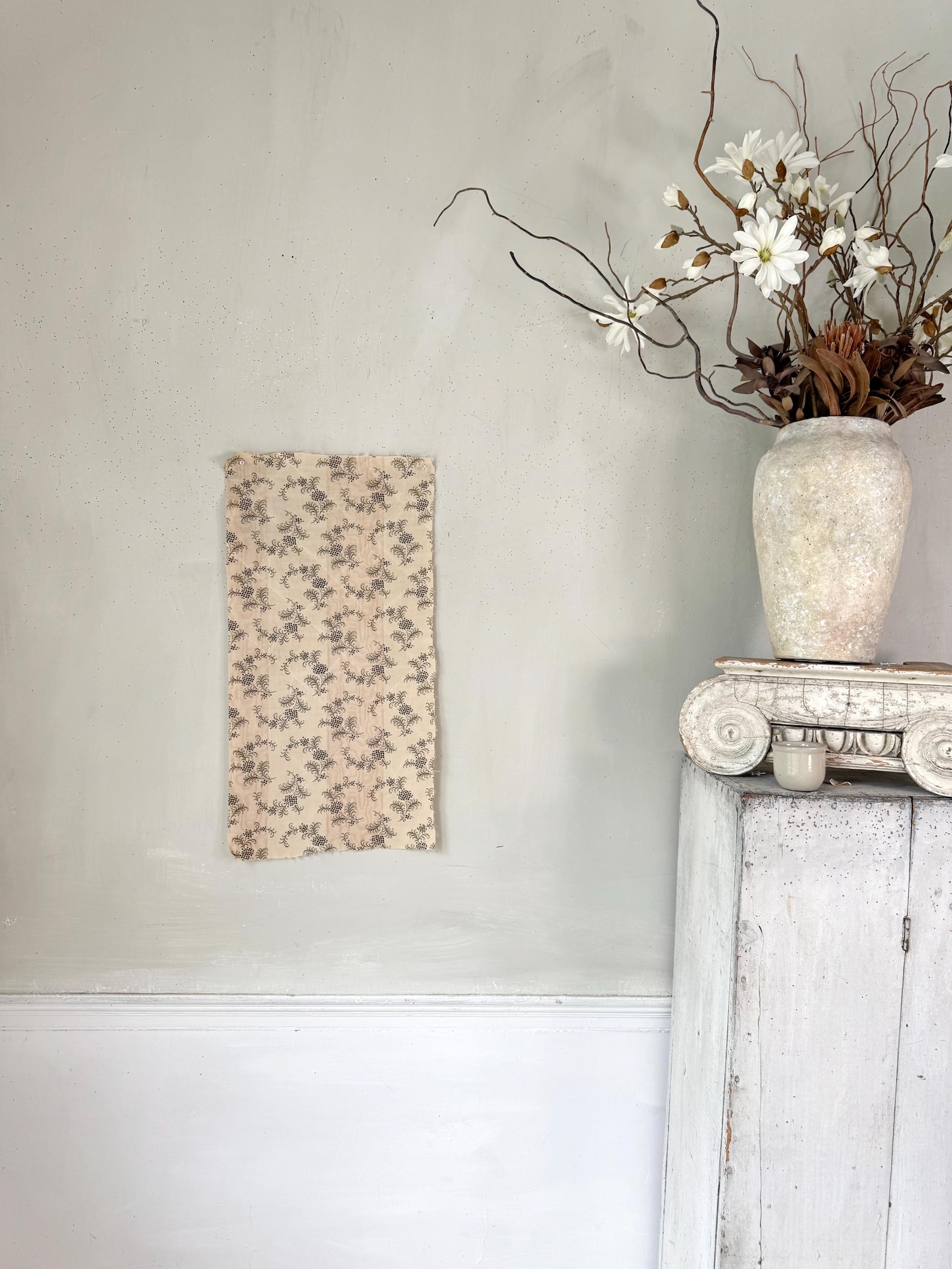 28x14 Antique French Hand Block Printed Fabric C1810 Brown Pattern ...