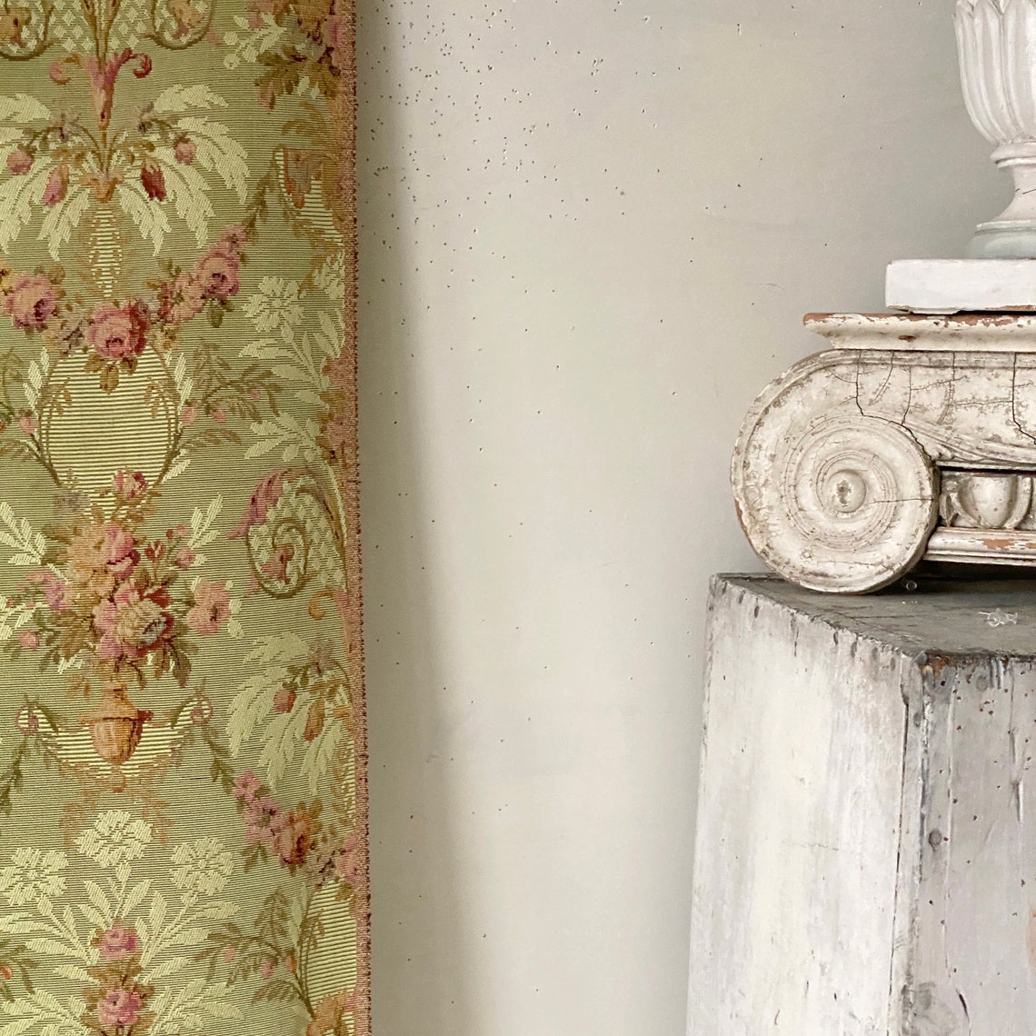 121 X 50 MASSIVE Antique GREEN Rococo French Silk Curtain Design C1920 ...