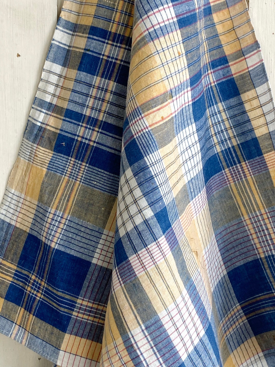 Bandana Neckerchief Antique French Plaid Blue Golden Handkerchief 19th ...