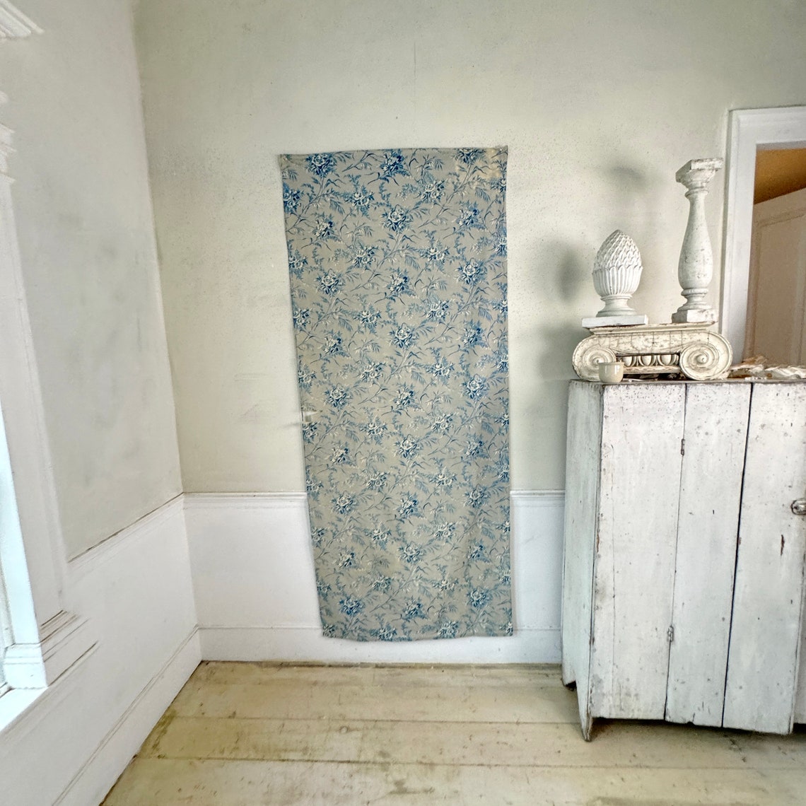 76x33 WOW Antique GRAY GREY Blue French Floral Fabric Material Delft ...
