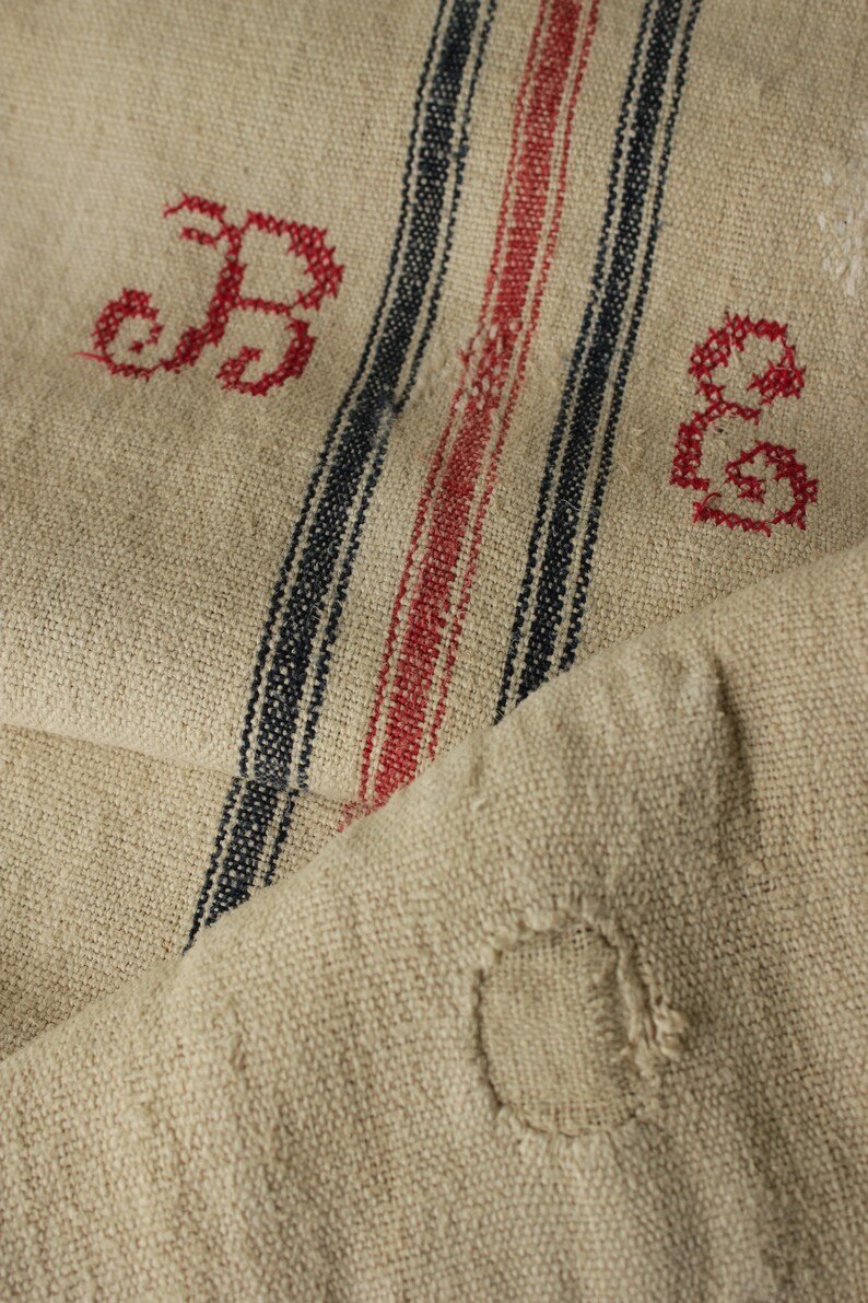 Grain Sack Fabric Grainsack Linen large BE Monogram red and | Etsy