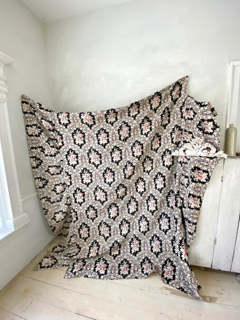 Bed Cover Bedspread 1890 Antique French Cretonne Panel Black Pink ...