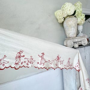 8.5 FEET French Red Antique Redwork Embroidery Embroidered Farm Animals ...