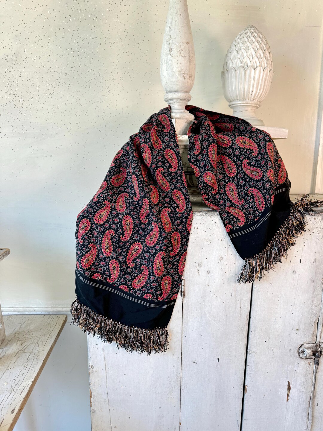 1940's Vintage Men's Opera Scarf Paisley Pattern Red Fringed End Silk ...