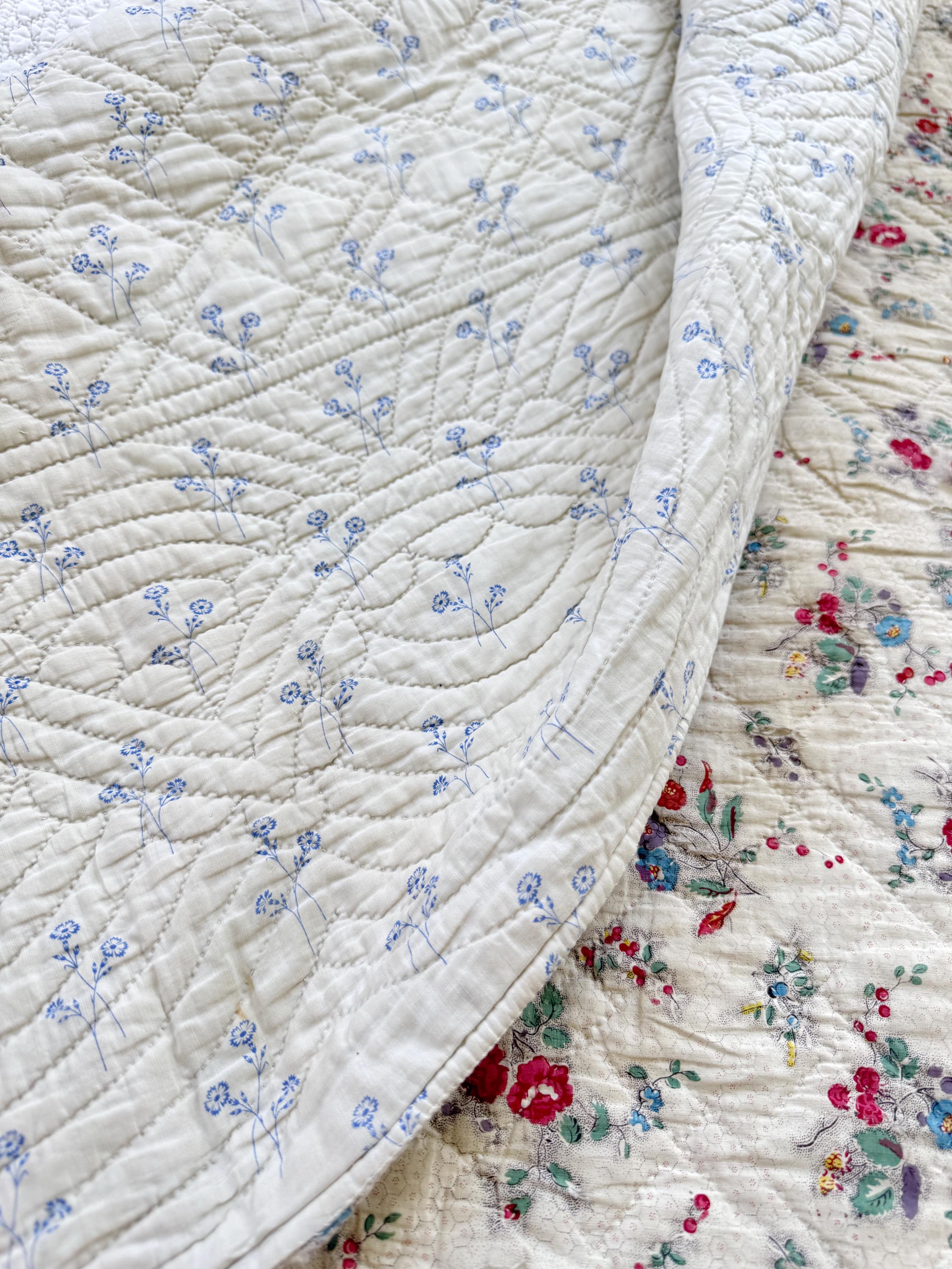 101x98 Antique French Quilt C1830 Hand Quilted Chintz Cotton D Monogram ...
