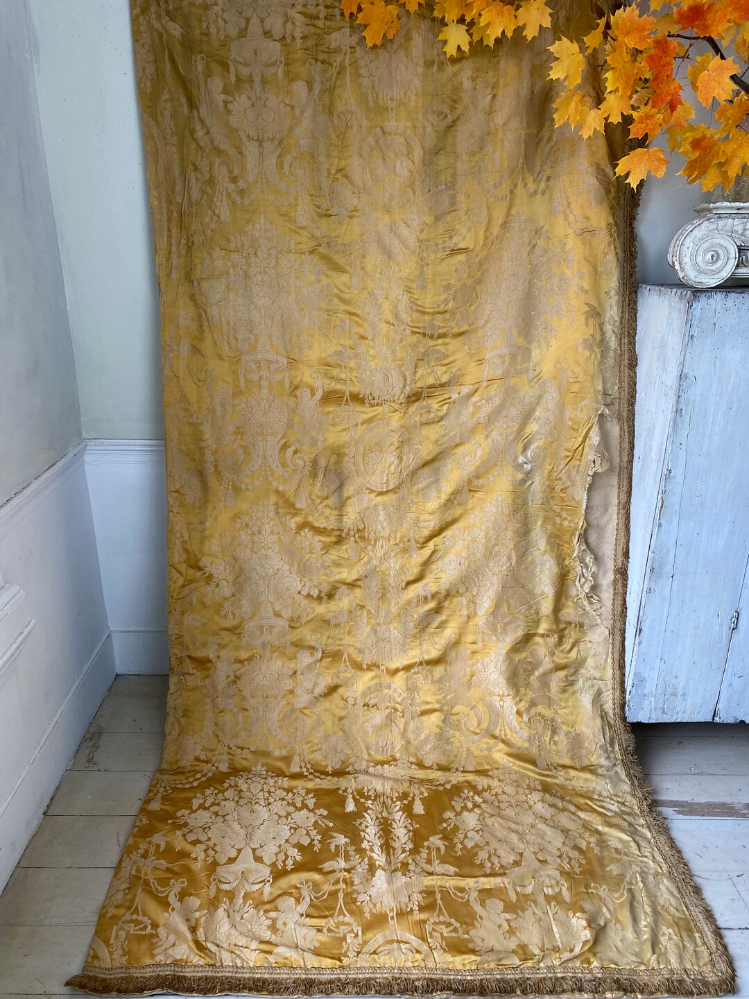 1900s French Silk Damask Curtain Well Worn Golden Cherub Historic Silk ...