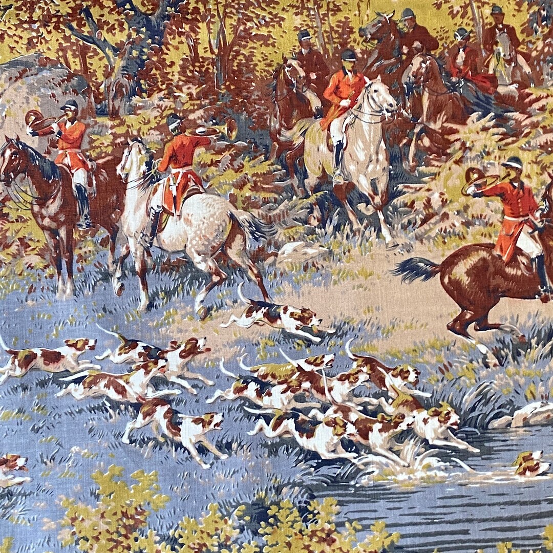 PER YARD ( Multiples Available ) Vintage French Hunting Fabric Horses ...