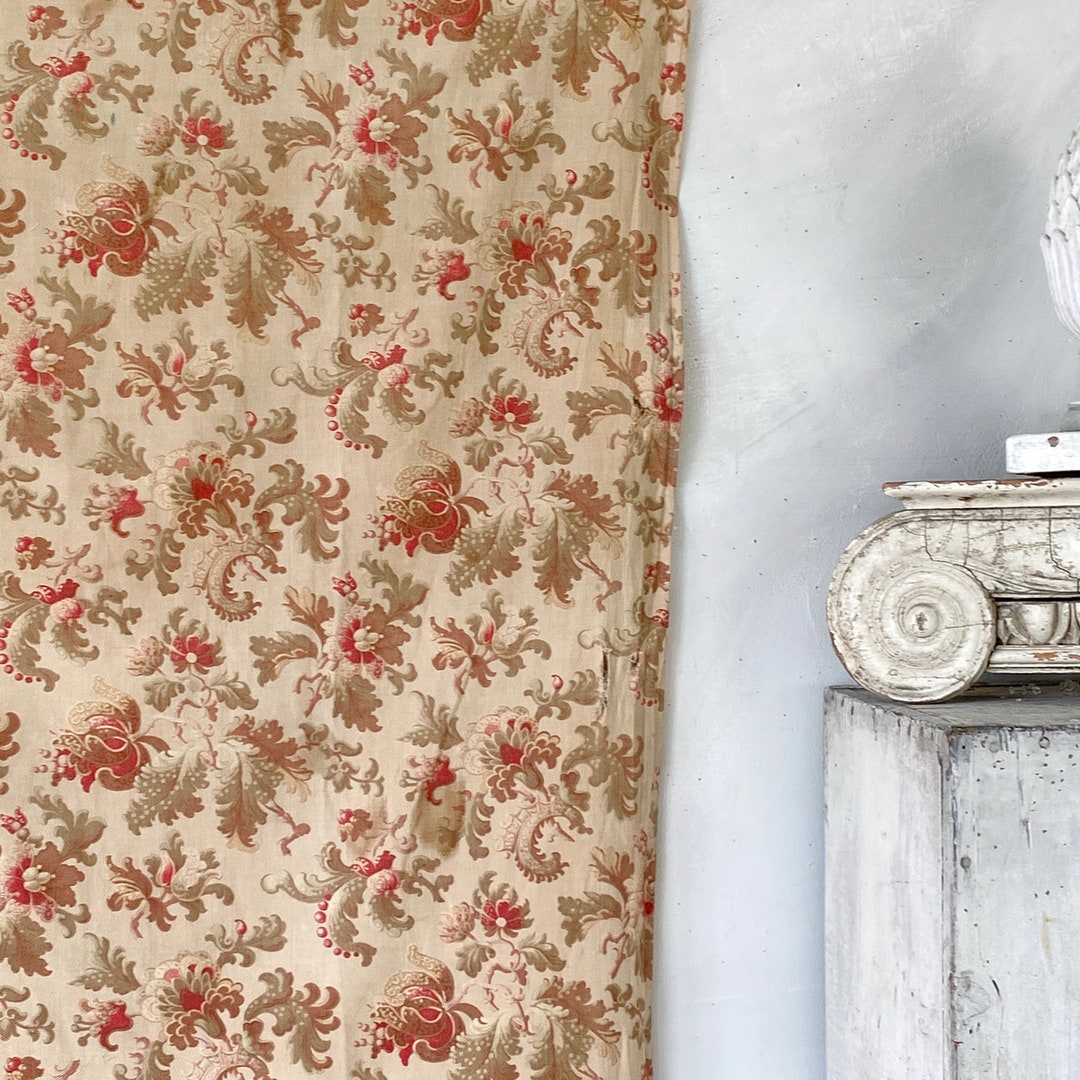 Antique French Fabric 1880 Botanical Heavyweight Twill Weave 1880 Beige ...