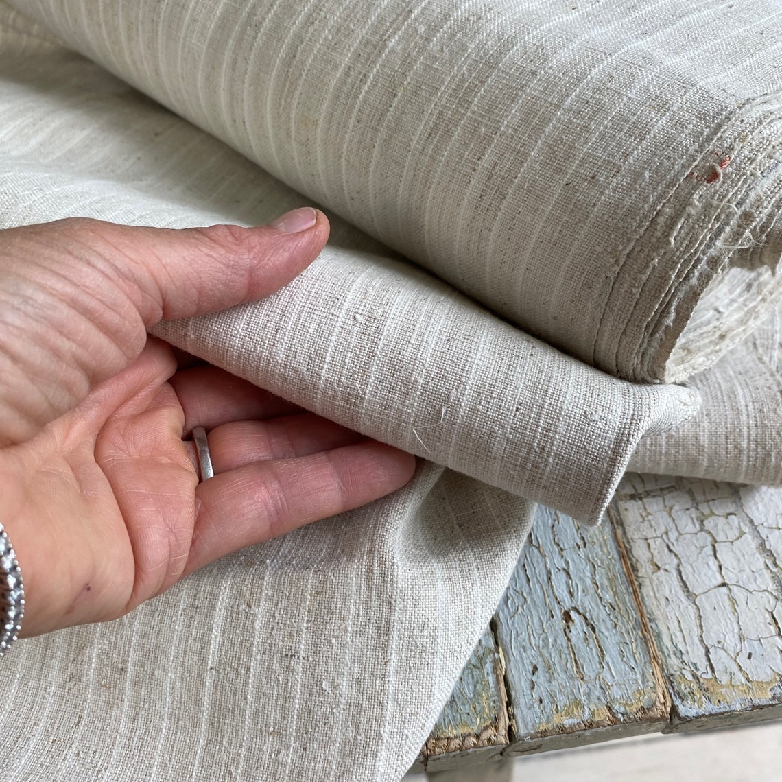 Organic Hemp Homespun Antique Linen Striated Striped Material Fabric ...