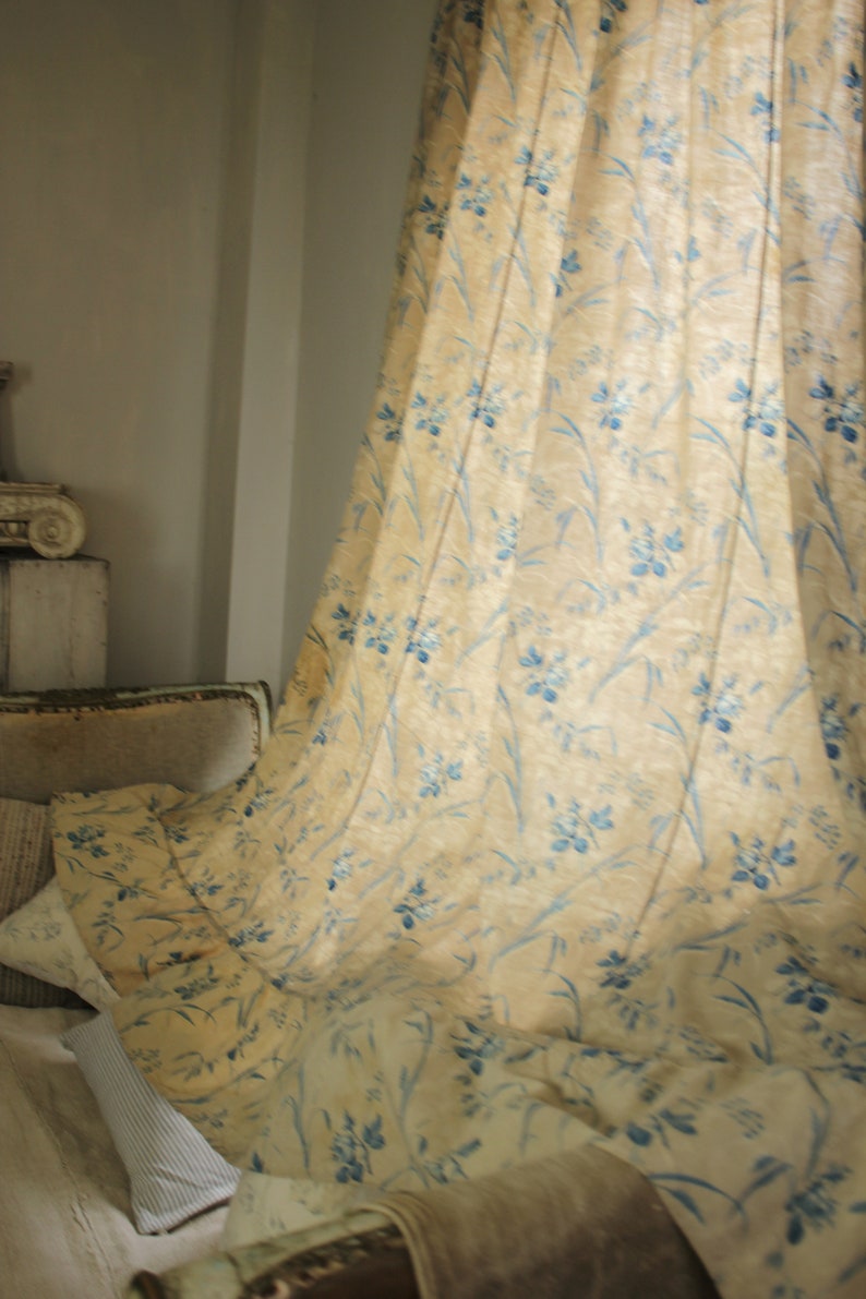 Large Antique Curtain French Blue Floral 1860 Printed Drape - Etsy
