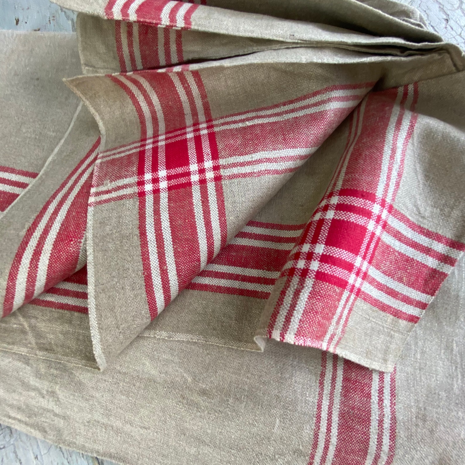 Vintage European mangle cloth linen with red stripes table | Etsy