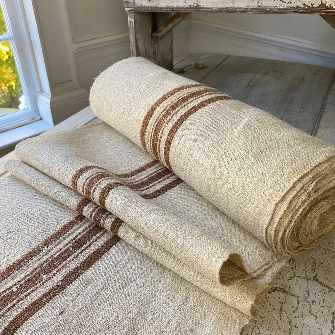 Organic Fabric Plain Linen Bolt Grain Sack Fabric Antique Homespun Hemp Nubby and Slubby Weave ...