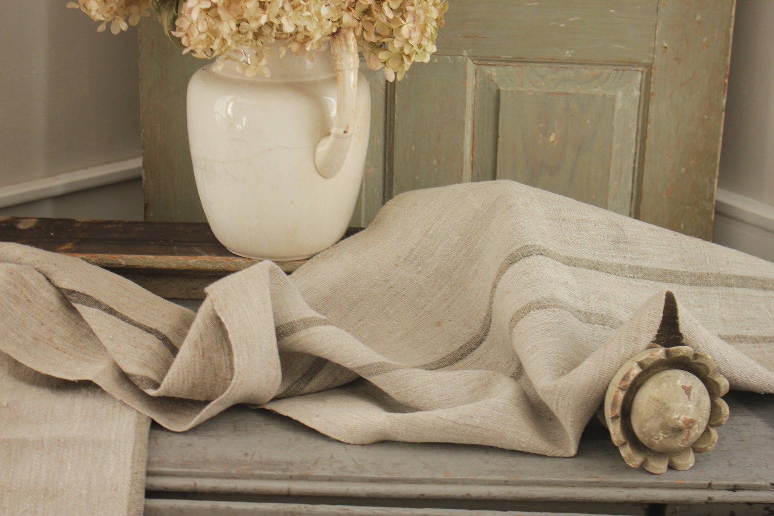 Striped Linen Gray Flax Fabric Grain Sack by the Yard Antique Homespun ...