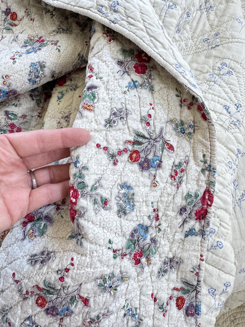 101x98 Antique French Quilt C1830 Hand Quilted Chintz Cotton D Monogram ...