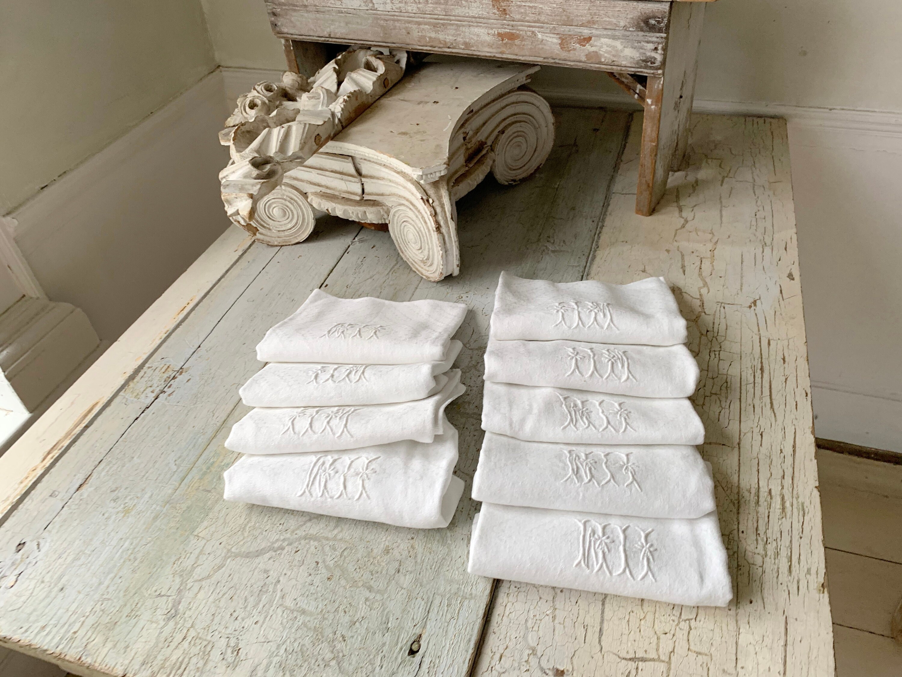 Set of 9 Vintage French Damask Napkins table linen 1800s white | Etsy