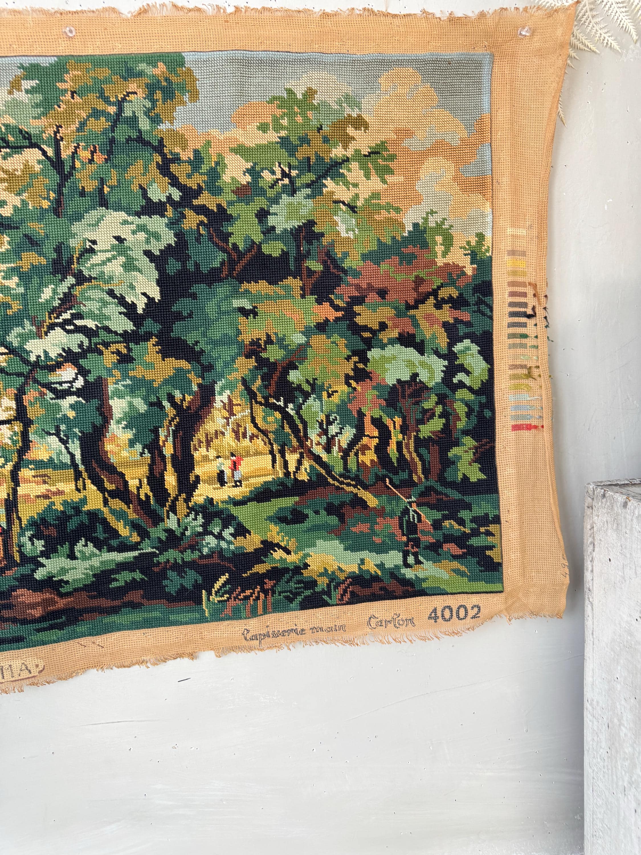 3.7ft X 1.7ft Vintage Needlework Wall Hanging 1940’s European Landscape ...