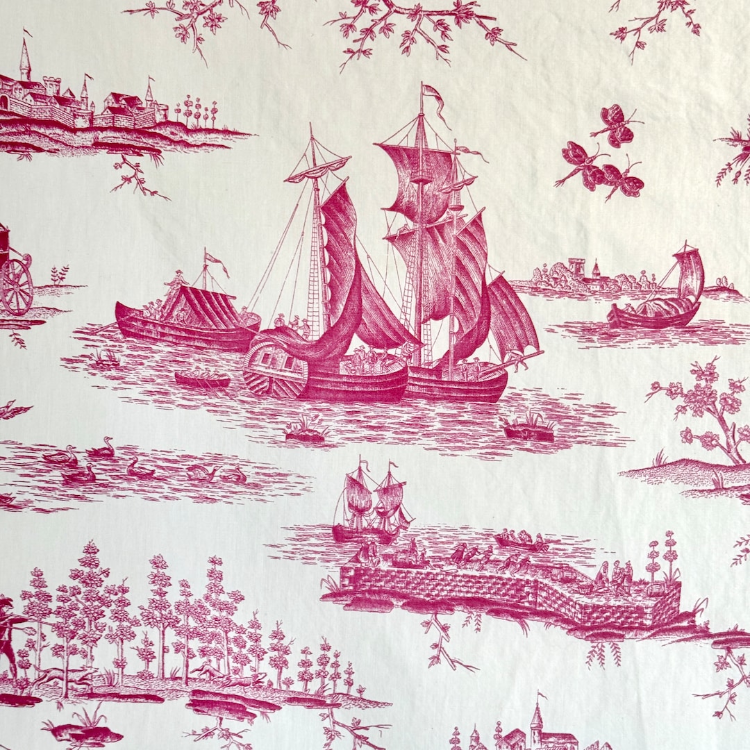 45x81 Vintage WIDE Toile De Jouy Pink Sailboat Figural Fabric Material ...