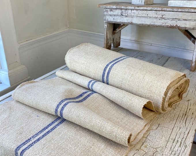 BLUE Stripe Greige Ground Stair Runner Heavy Hemp Grain Sack Fabric by ...