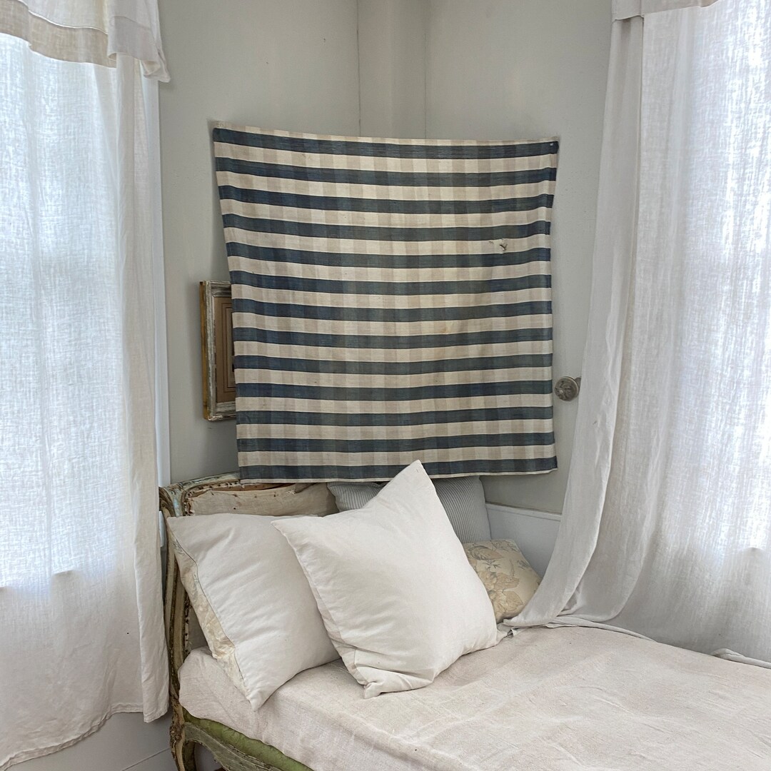 44x44 1700's 18th Century Check Fabric Large Antique Blue and White ...