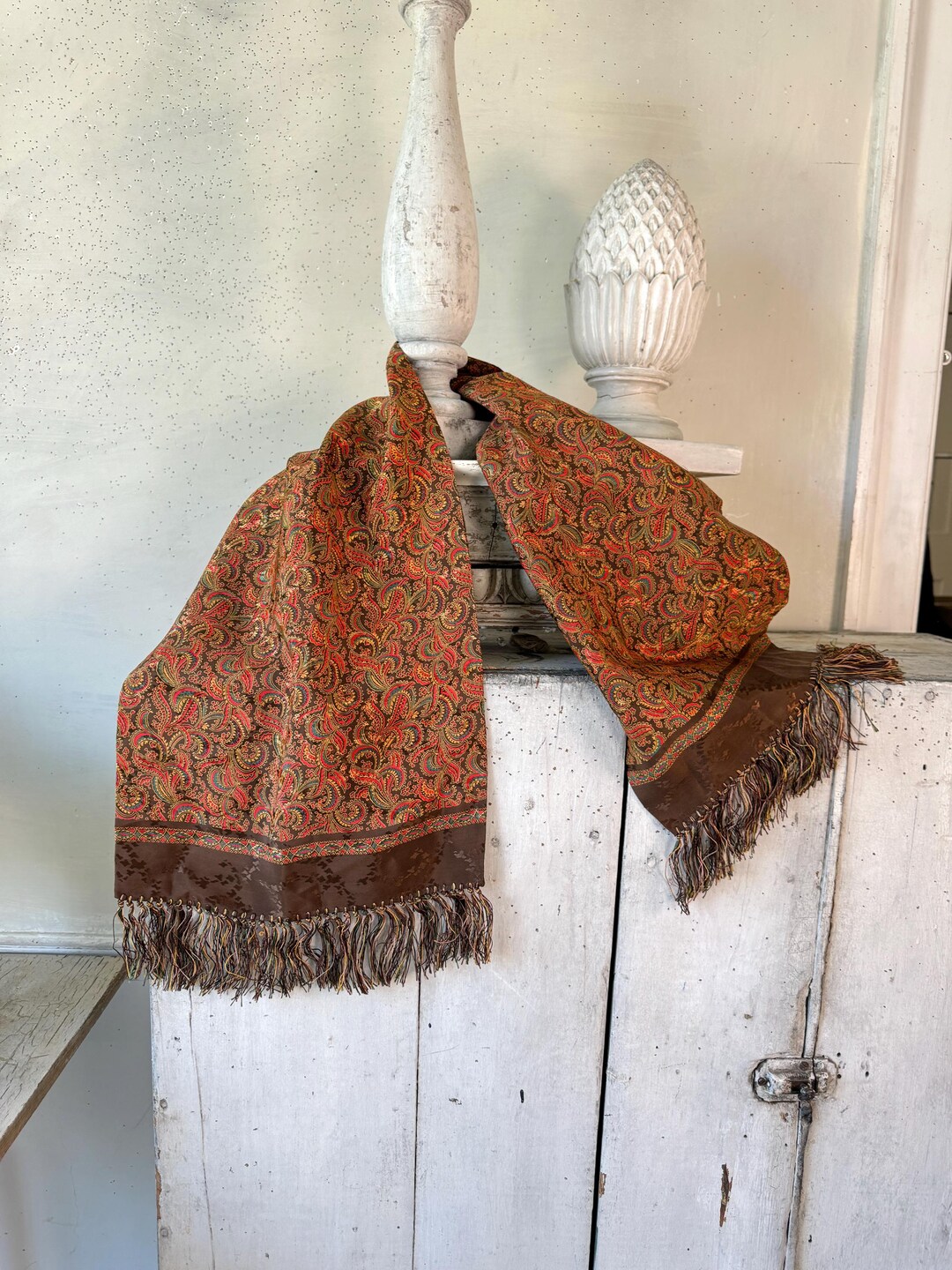 1940's Vintage Men's Opera Scarf Paisley Pattern Red Fringed End Silk ...