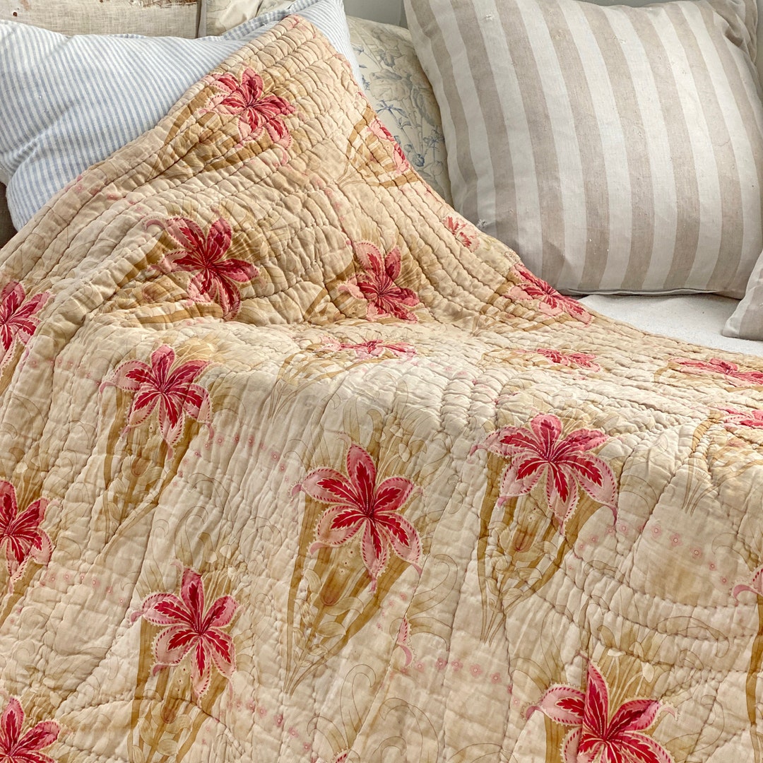 Antique French Boutis Quilt Art Nouveau Textile Old Red Pink Etc ...