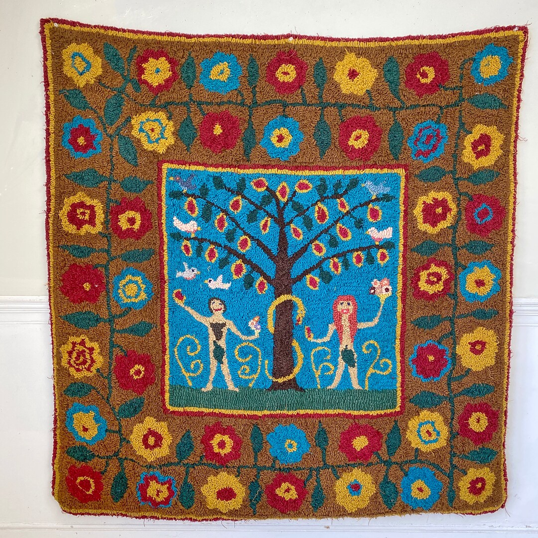 Vermont Folk Art Cleland Selby Design Hooked Rug Adam and Eve Design ...