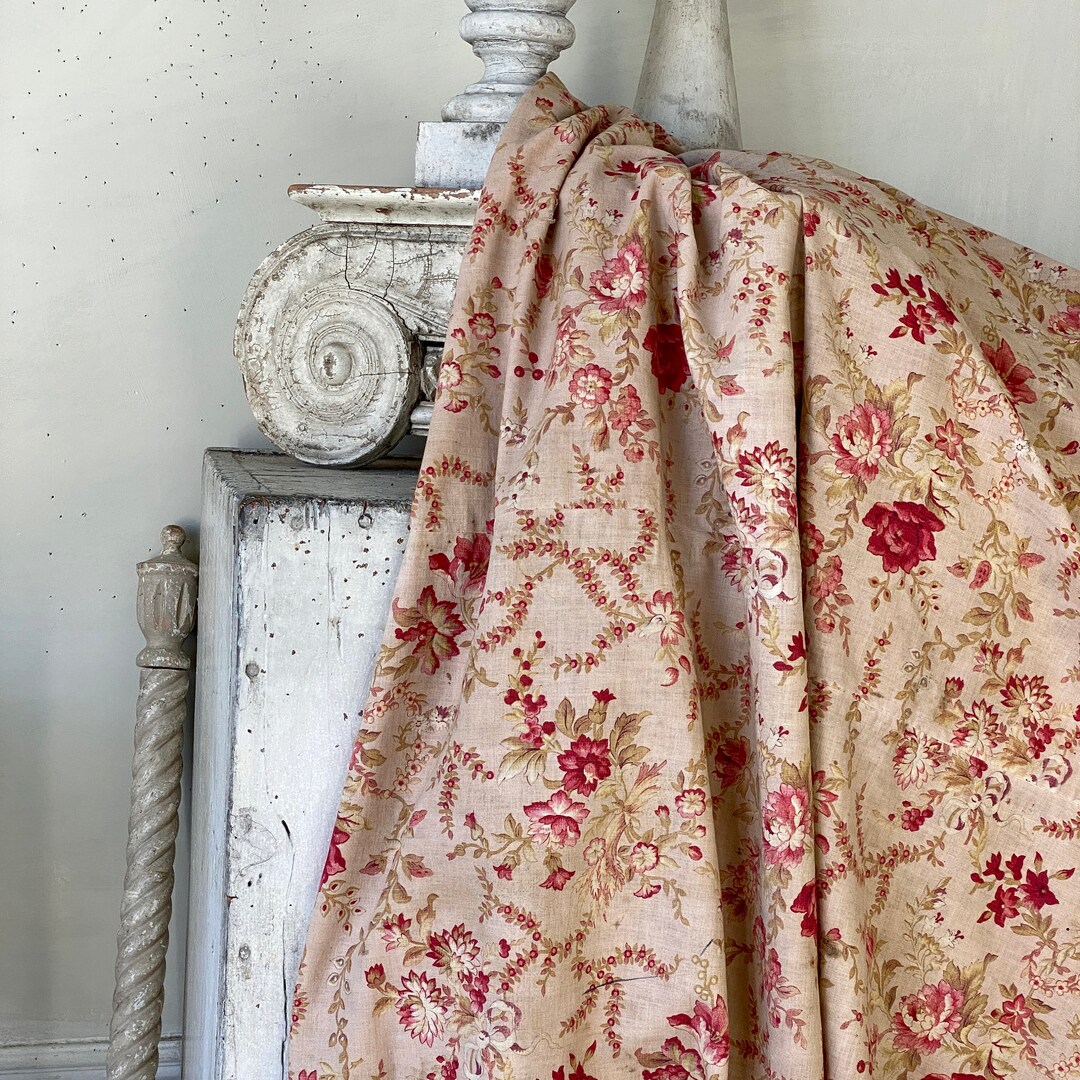 Antique French Fabric Faded Pink Floral Material Cloth From France ...
