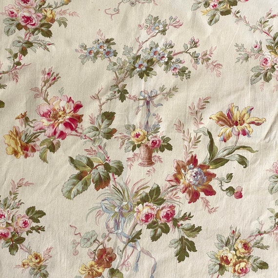 Botanical Antique Fabric From France Floral Basket Design - Etsy