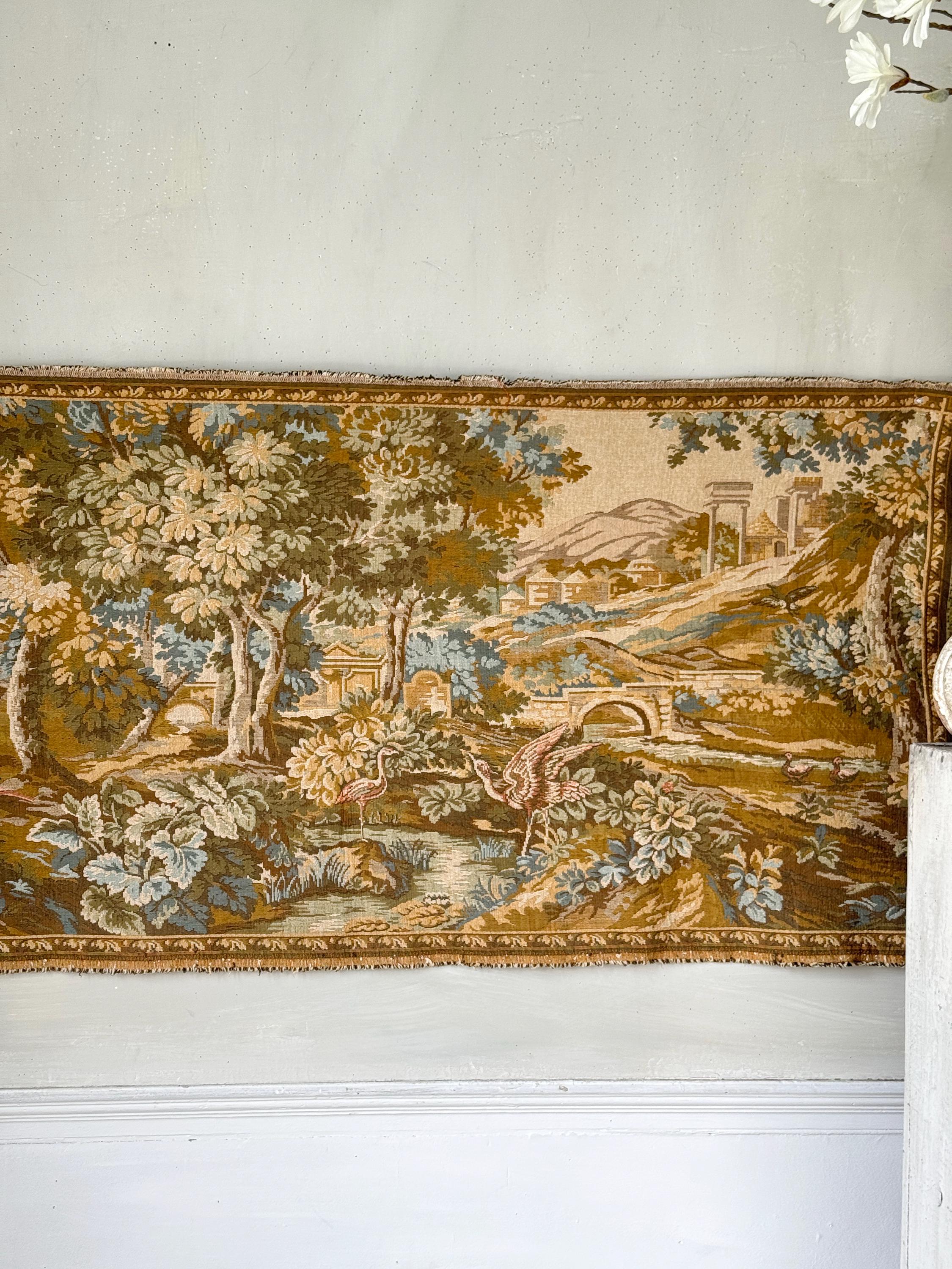 64x30 Vintage French Woven Tapestry Medieval Castle Hunting Scene ...