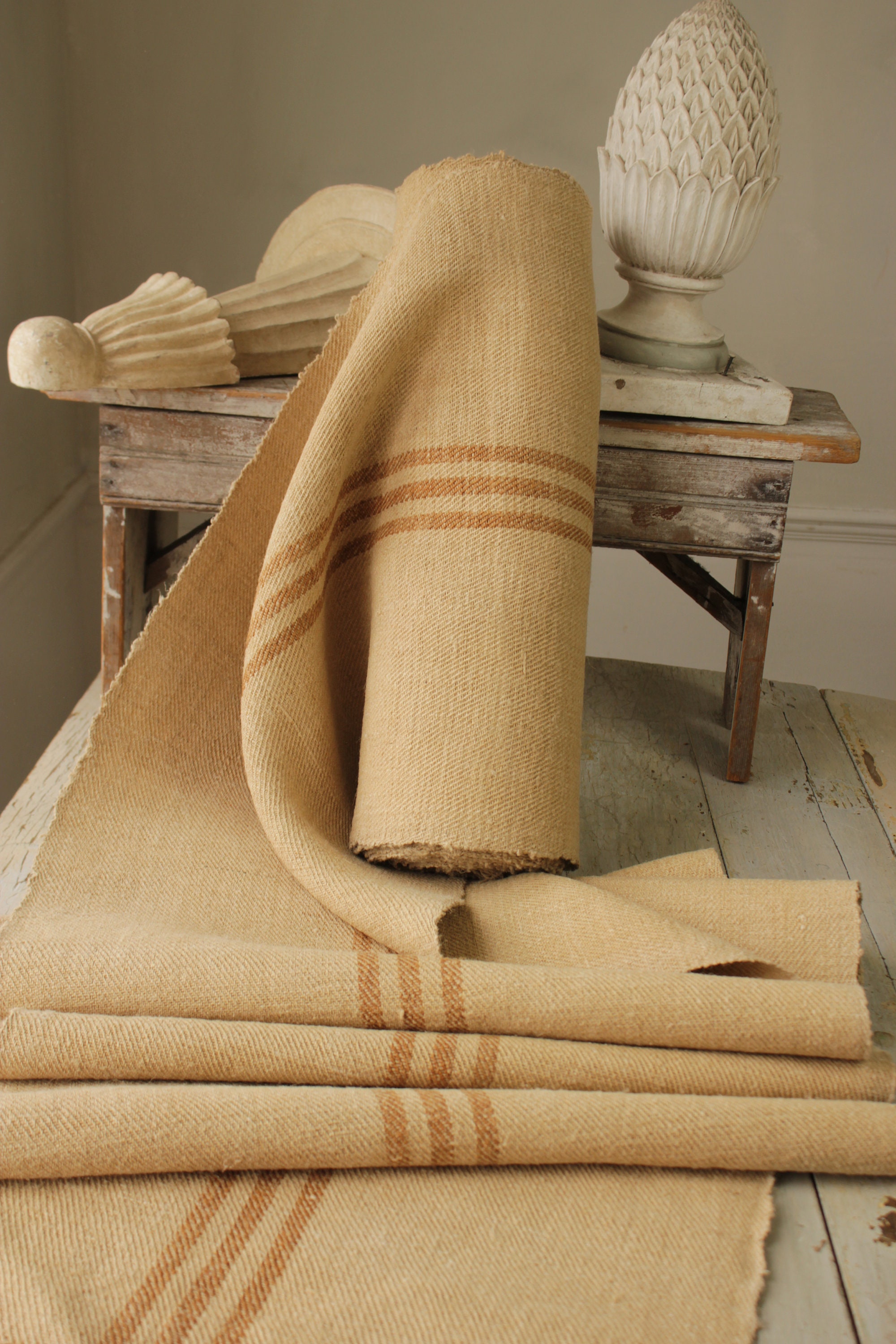 Grain sack Fabric Antique homespun linen caramel striped hemp | Etsy