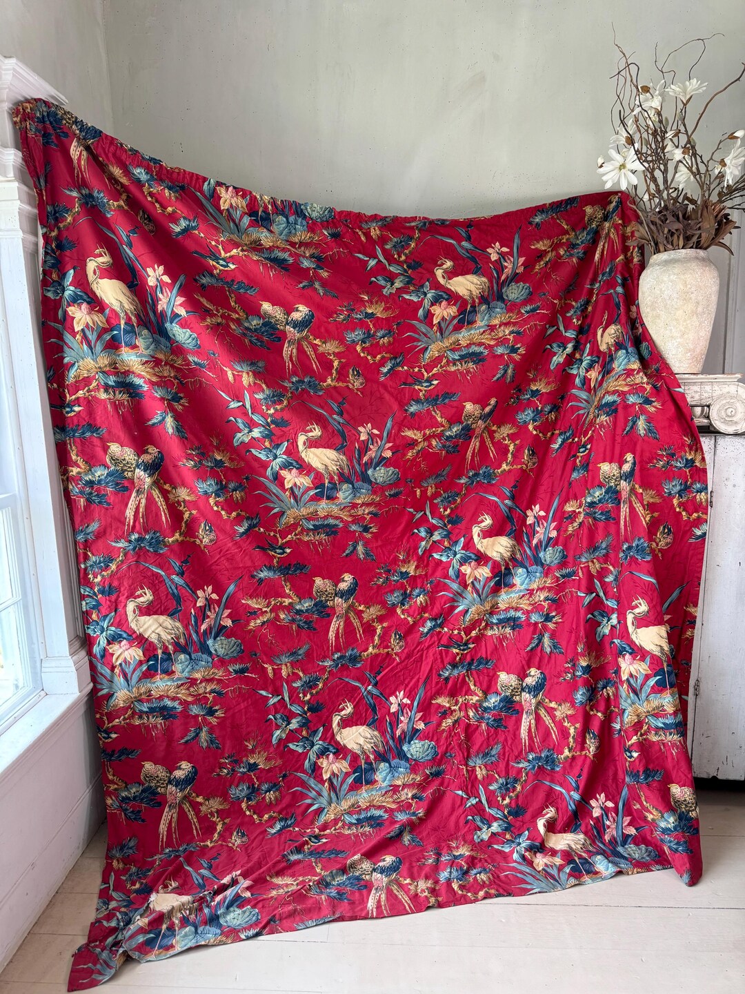 83x97 Antique French Curtain Crane Bird Botanical Print Chintz Fabric ...