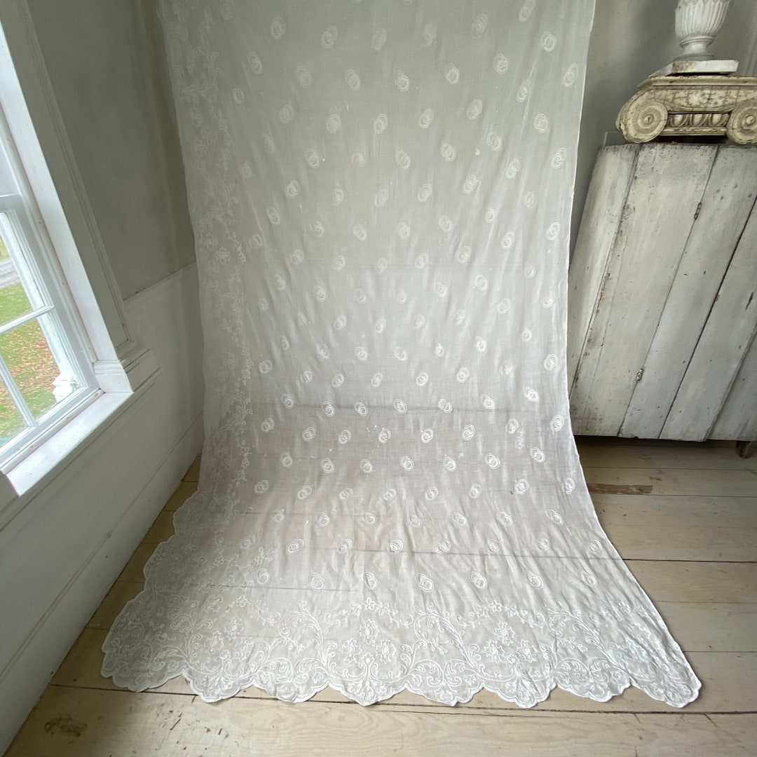 Antique Tambour Lace Sheer Curtain Panel 1800s White Lacework Cotton ...