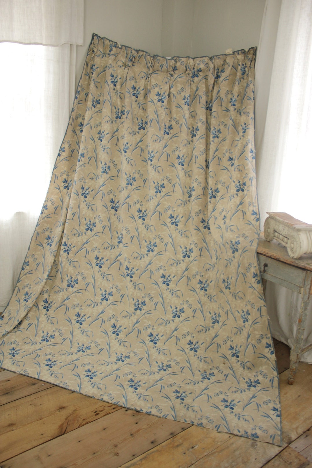 Antique Curtain French Blue Floral 1860 Printed Drape Country Farmhouse ...