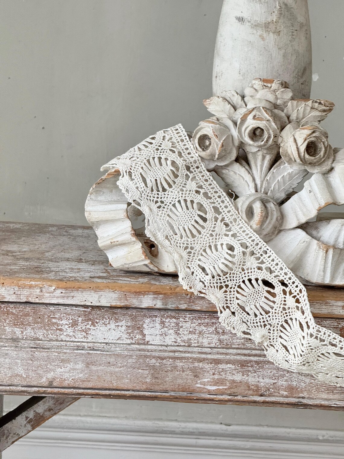 35x3 Antique French Bobbin Lace Trim C1900 Handmade Cotton Openwork ...