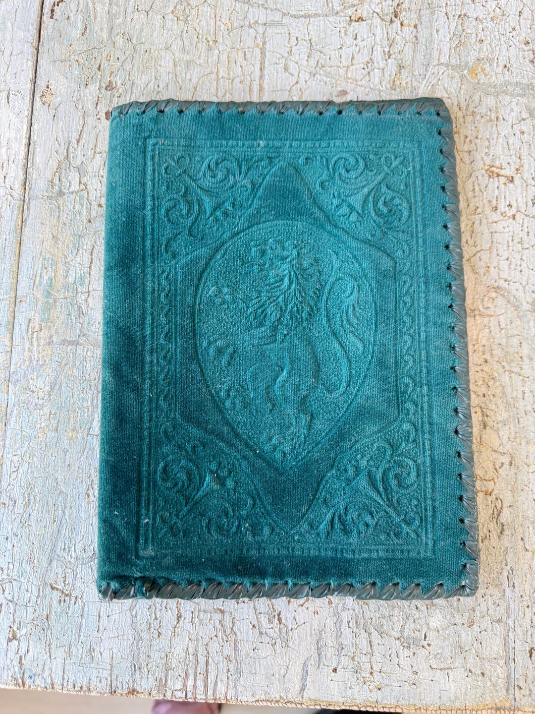 Antique French Lion Emerald Green Embossed Velvet Book Cover Handmade ...