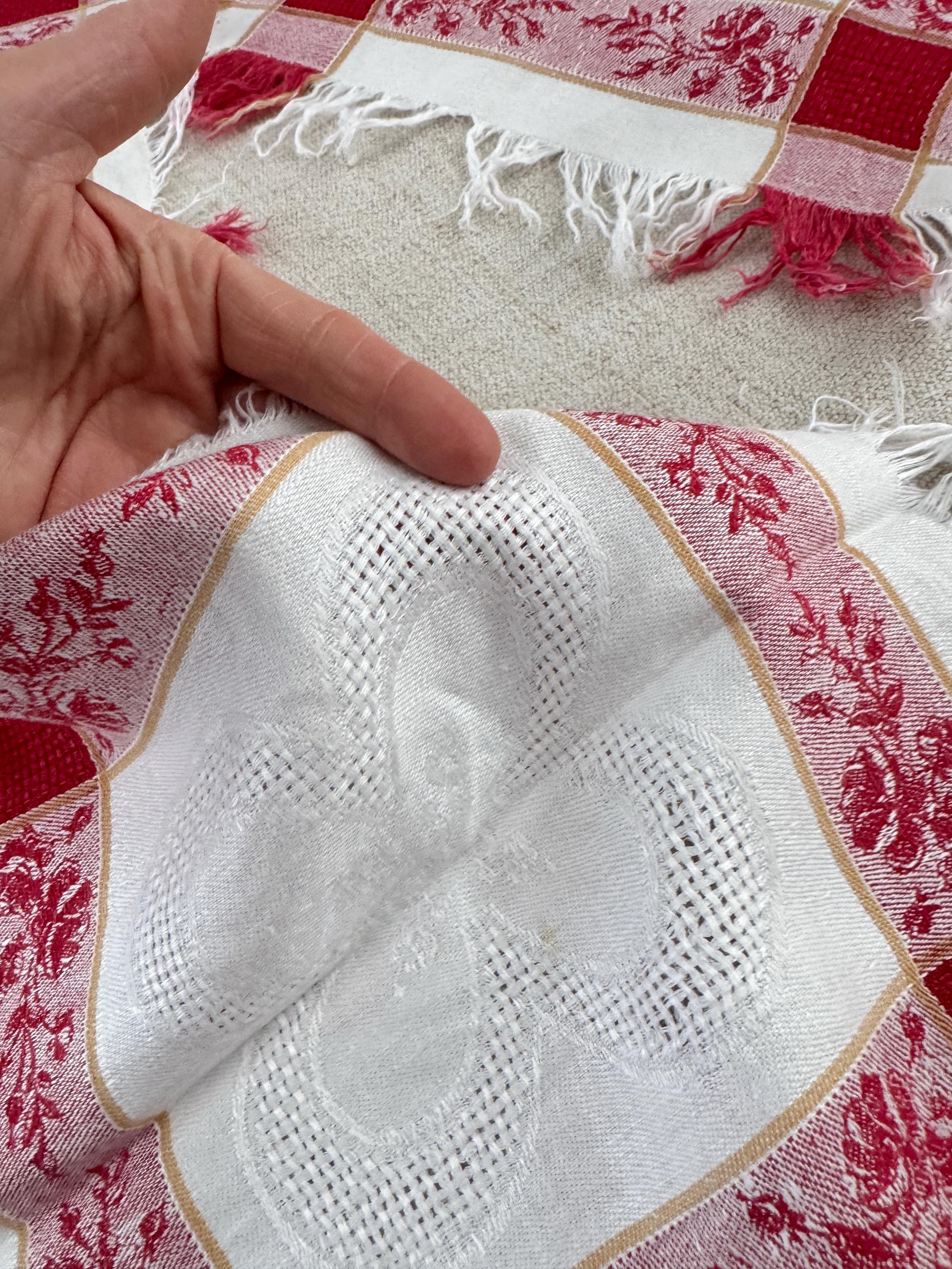 C1880 SET 5 French Napkins Vintage Antique Red White Damask Woven ...