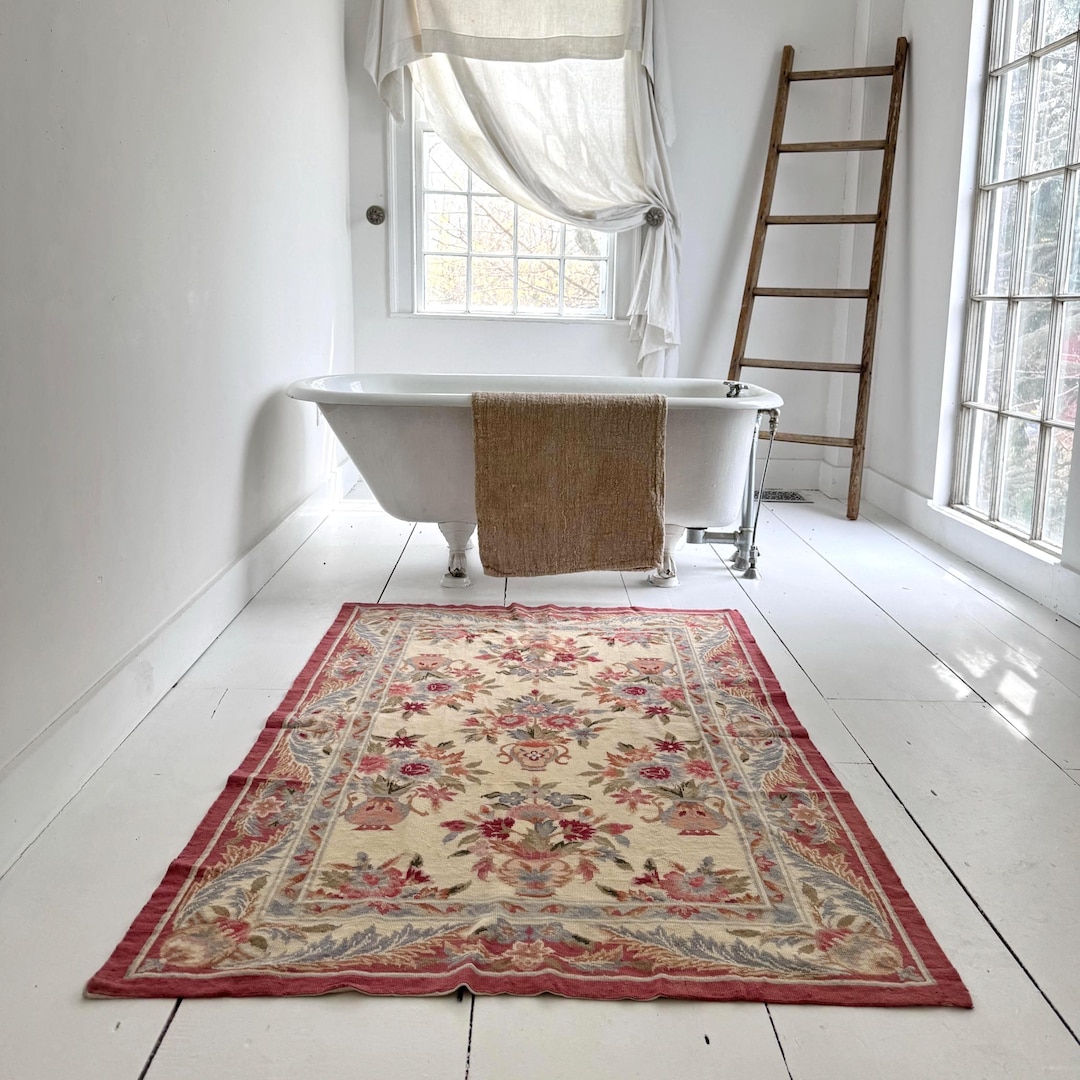 66x45 Vintage French Belgium Floral Wool Rug Tapestry Tones Faded Area ...