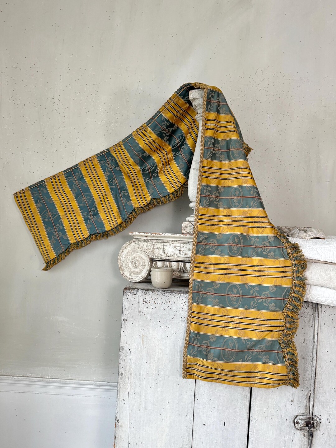 76x13 French 1870 Silk Valance Napoleon III Blue Gold Tassel Fringe ...