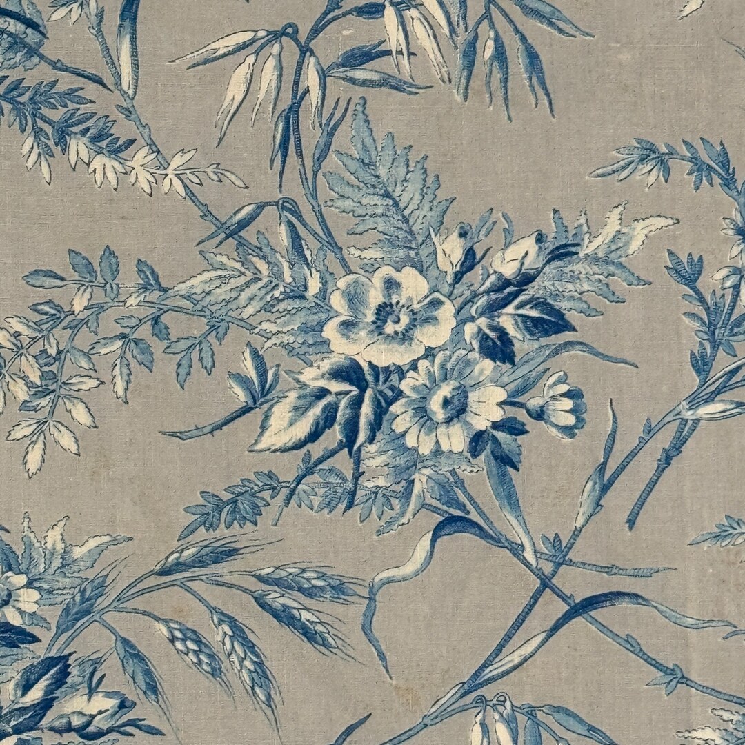 76x33 WOW Antique GRAY GREY Blue French Floral Fabric Material Delft ...
