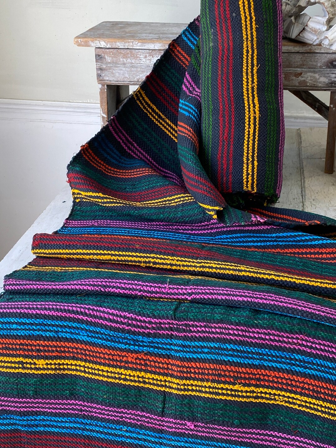 6.75 Yards RARE Black Hemp Vintage European Rag Rug Striped Multicolor ...
