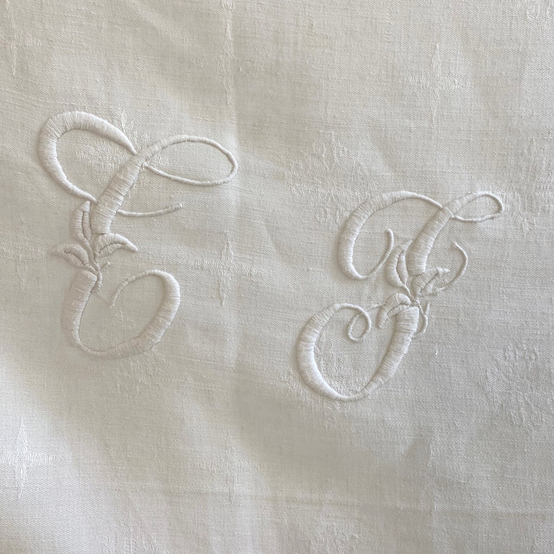 Antique French Farm Table Damasks Tablecloth 4 MONOGRAMS 93 Inches by ...