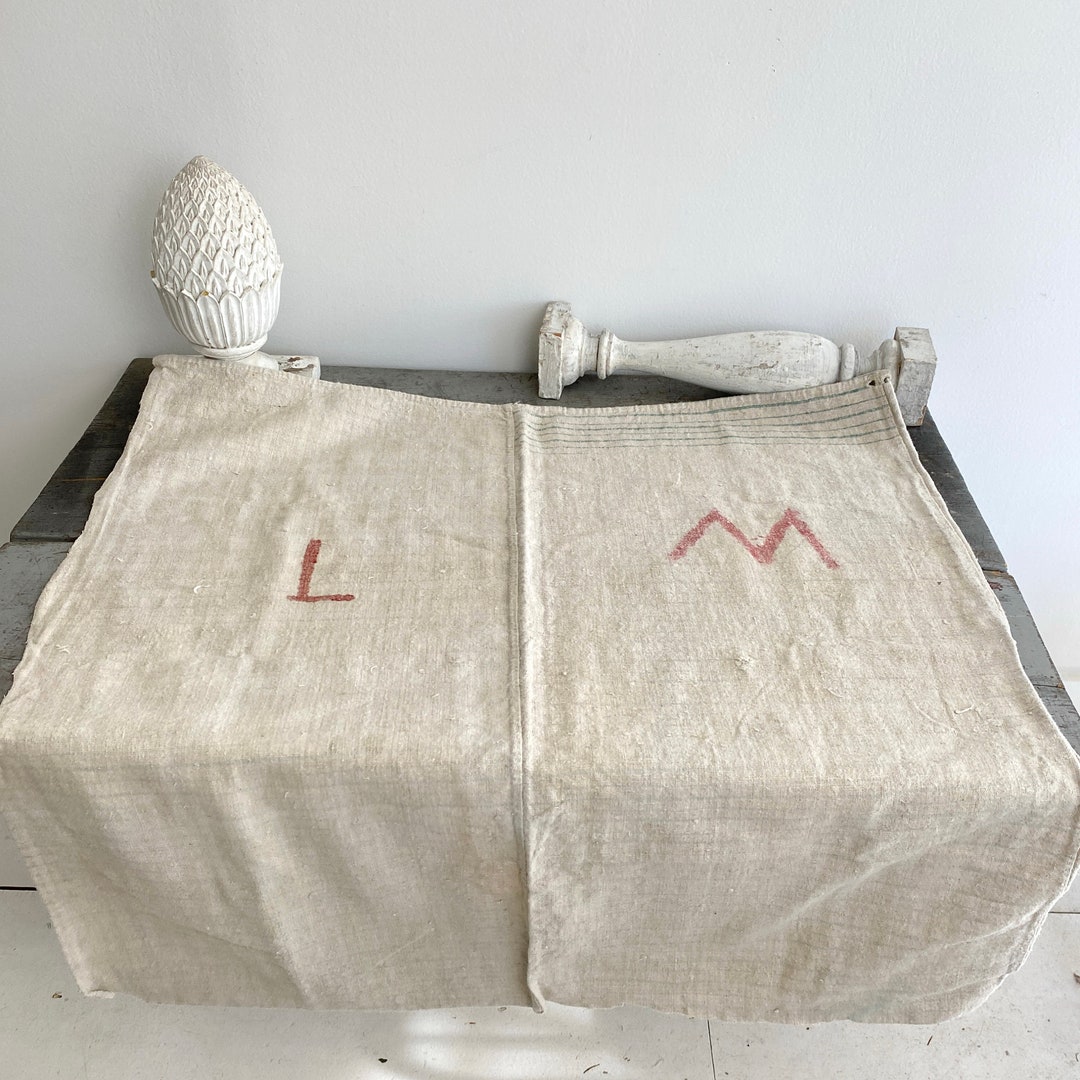 SKY BLUE Linen Green Striped Grain Sack Farmhouse Chateau Chic Rustic ...