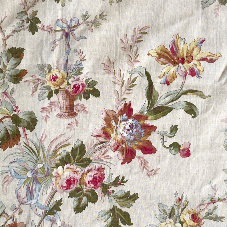 Botanical Antique Fabric From France Floral Basket Design - Etsy
