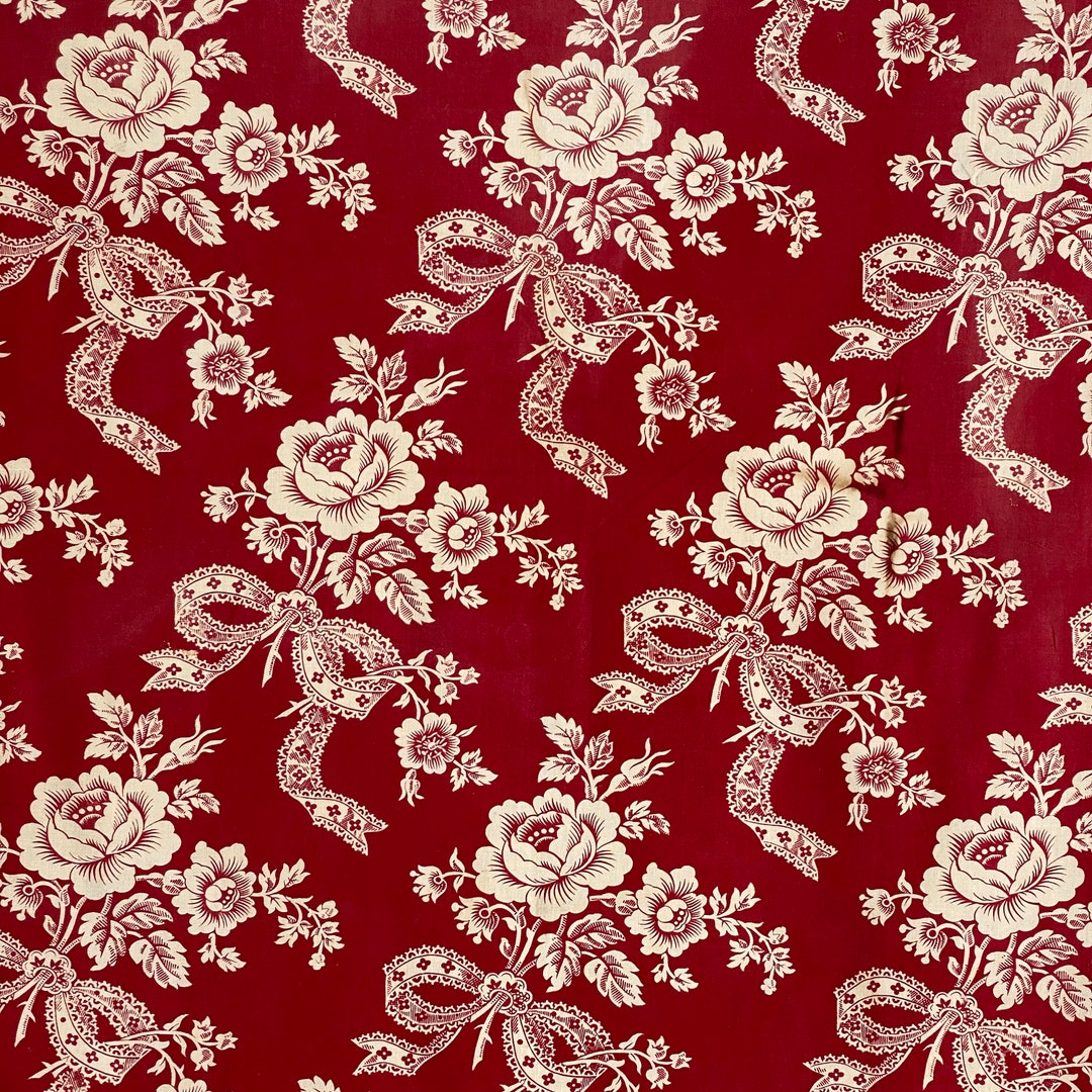 Vintage Fabric Red Floral & Bow Pattern French Faded C1900 Cotton ...