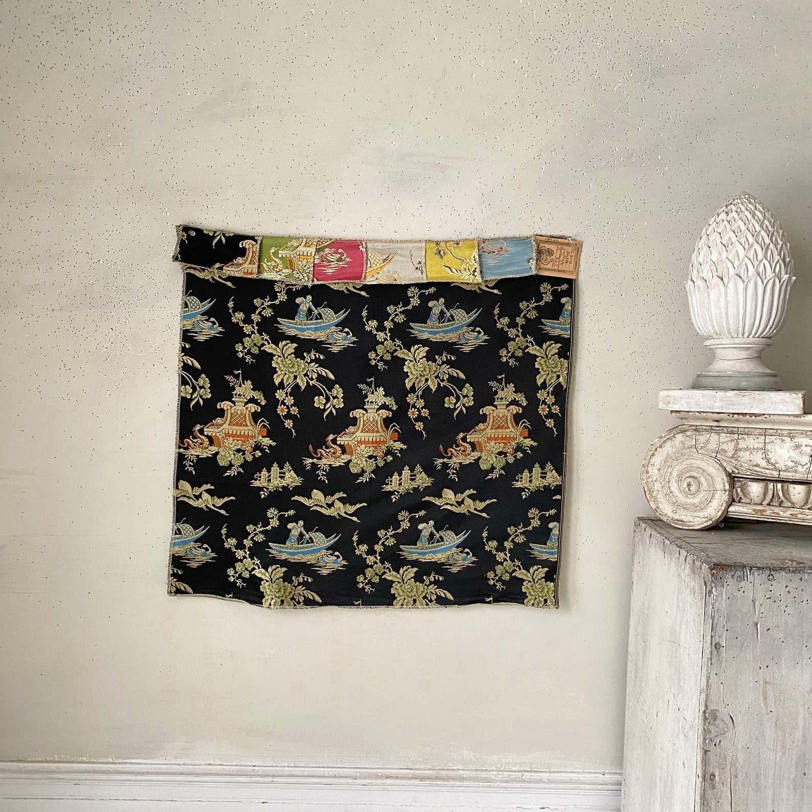 23x25 20th BLACK Century Silk Lampas De Lyon Sample Fabric Material ...